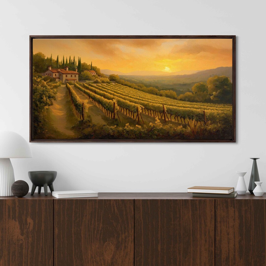 Idyllic Vineyard on a Hillside, Wall Art Canvas Print, Golden Sunset ...
