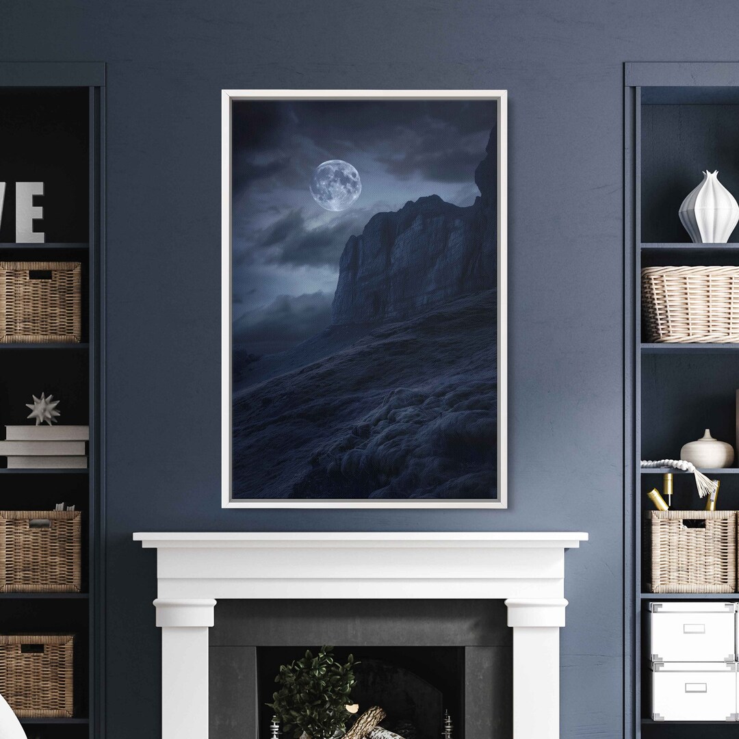 Full Moon Rises in the Dark Night Sky With Moonlit Cliff Wall Art ...