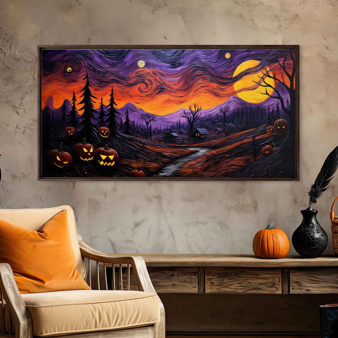Starry Night Van Gogh Inspired Halloween Wall Art Canvas Print, Spooky ...