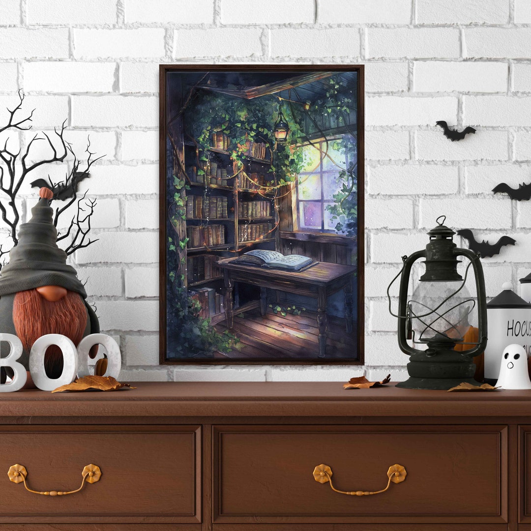 Whimsical Witches Magical Library With Open Spellbook, Watercolor Wall ...