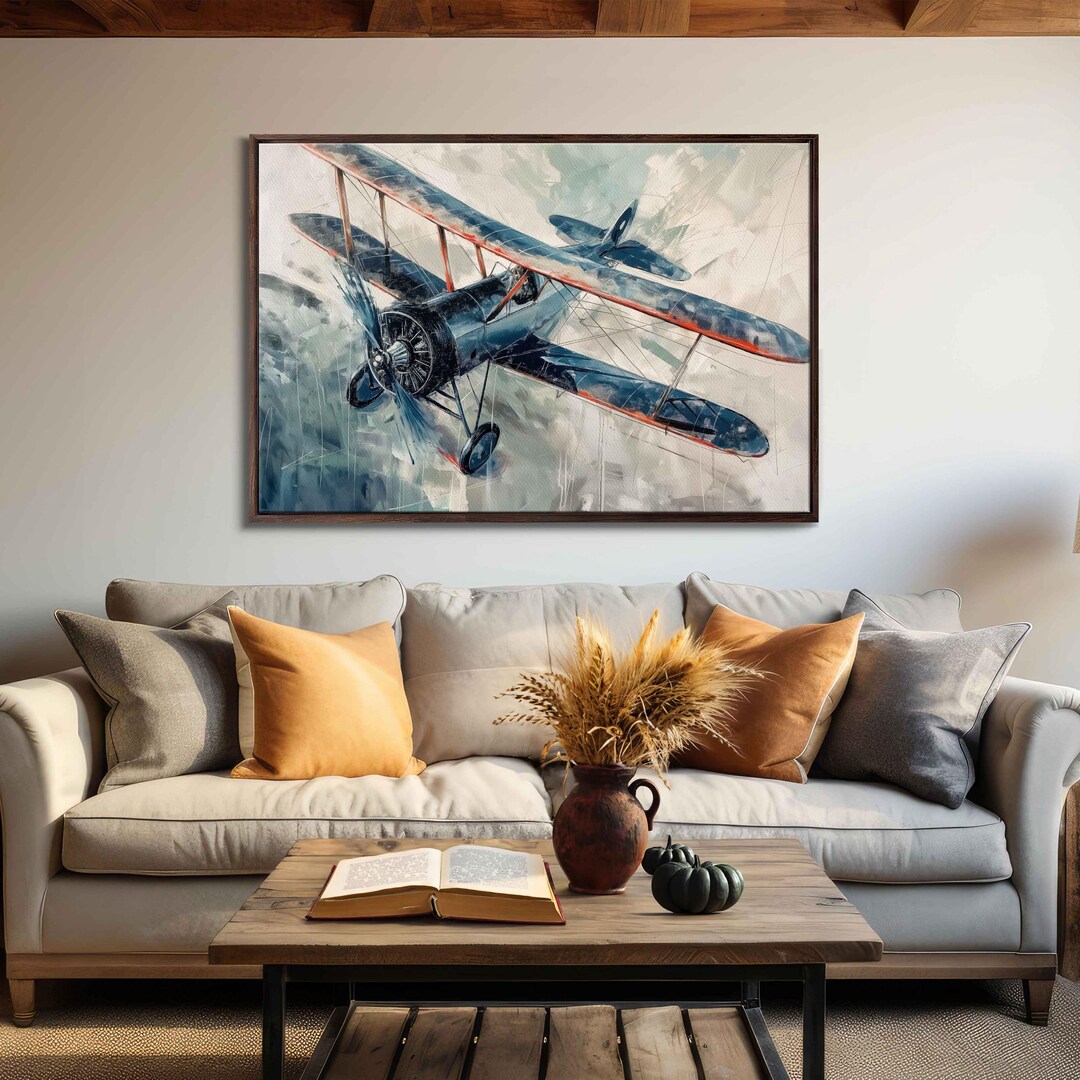Vintage Mid Century Biplane in Flight Acrylic Wall Art Canvas Print ...