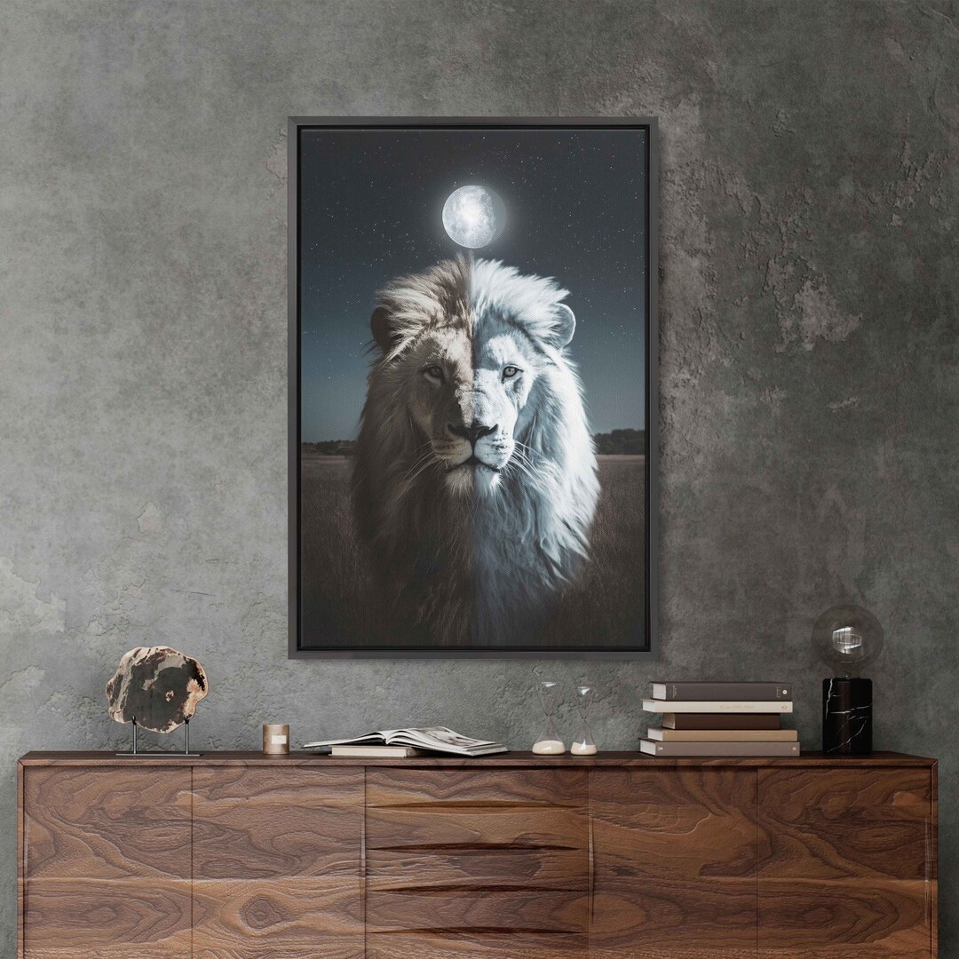 Majestic Lion With Moon Above Wall Art Canvas Print, Lions Mane, Starry ...