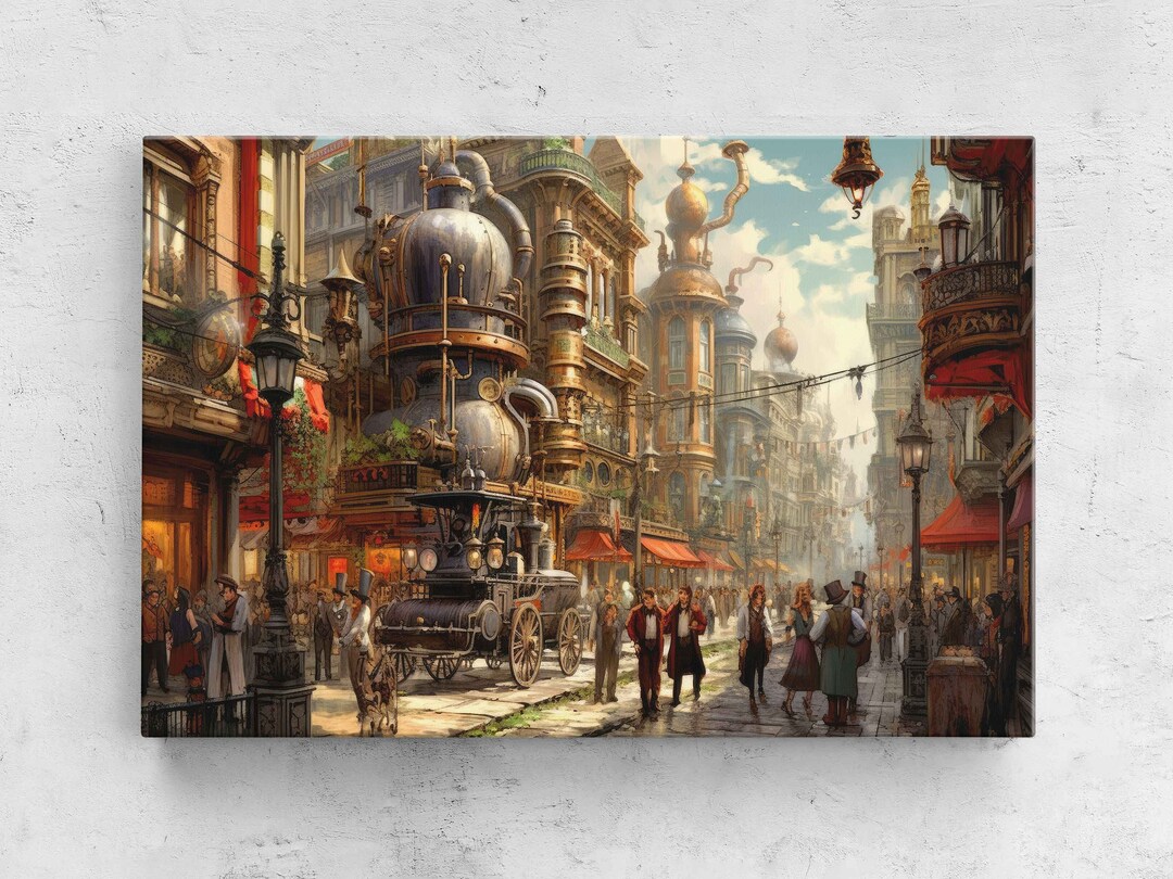 Steampunk City Streets, Framed Canvas Print, Steampunk Decor, Unique ...