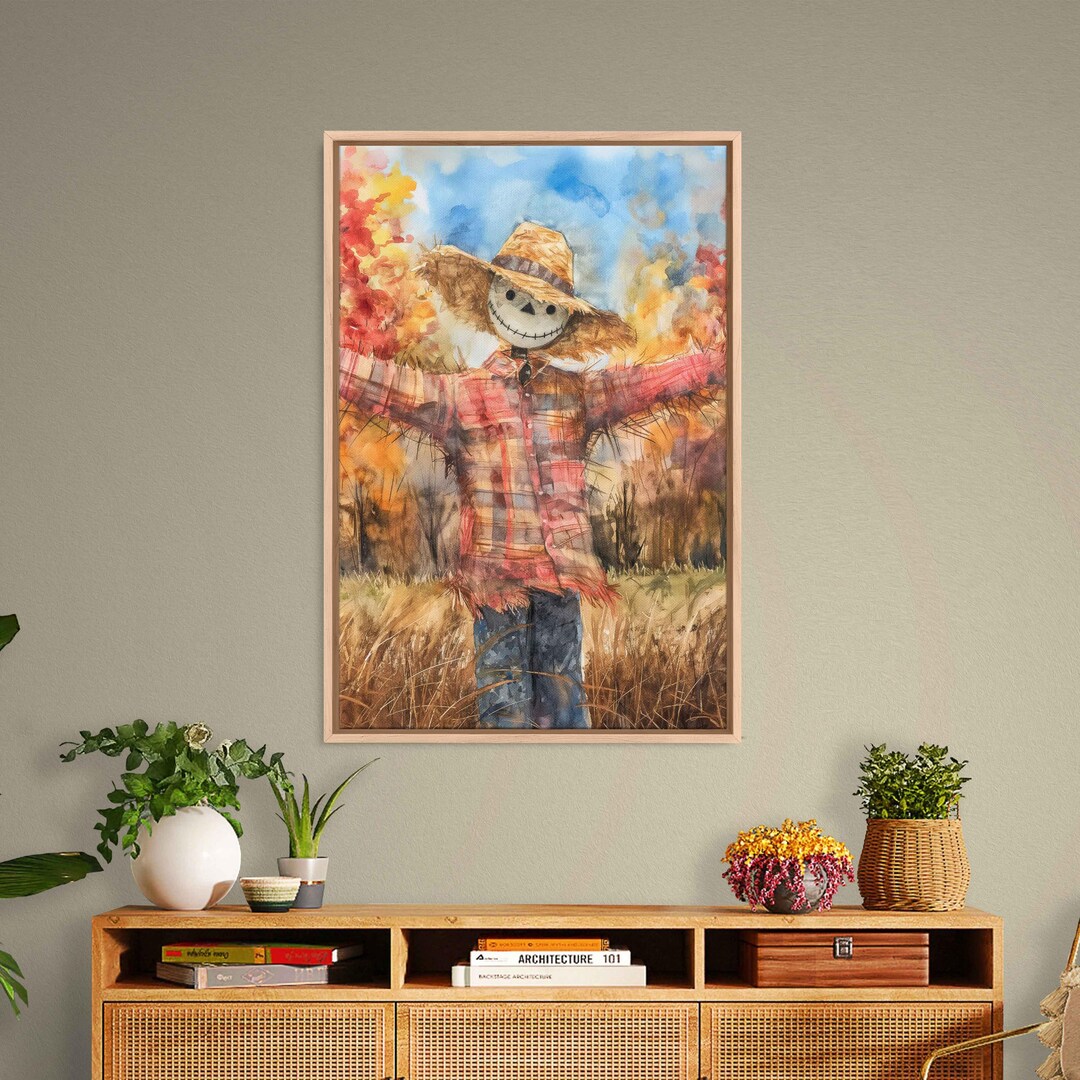Charming Scarecrow in Field Watercolor Wall Art Canvas Print, Autumn ...