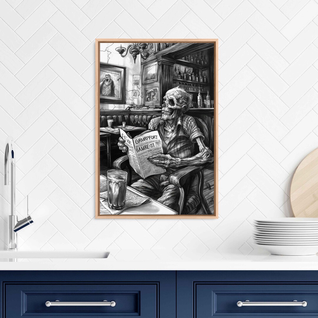 Skeleton in Cafe Reading Newspaper Ink Art Painting Wall Art Canvas ...