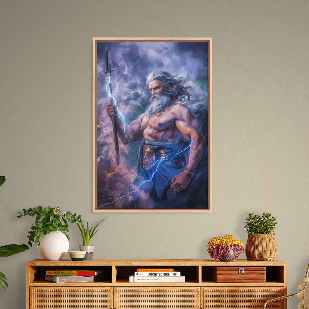 Zeus Holding Lightning Bolt Standing in Stormy Sky Wall Art Canvas ...