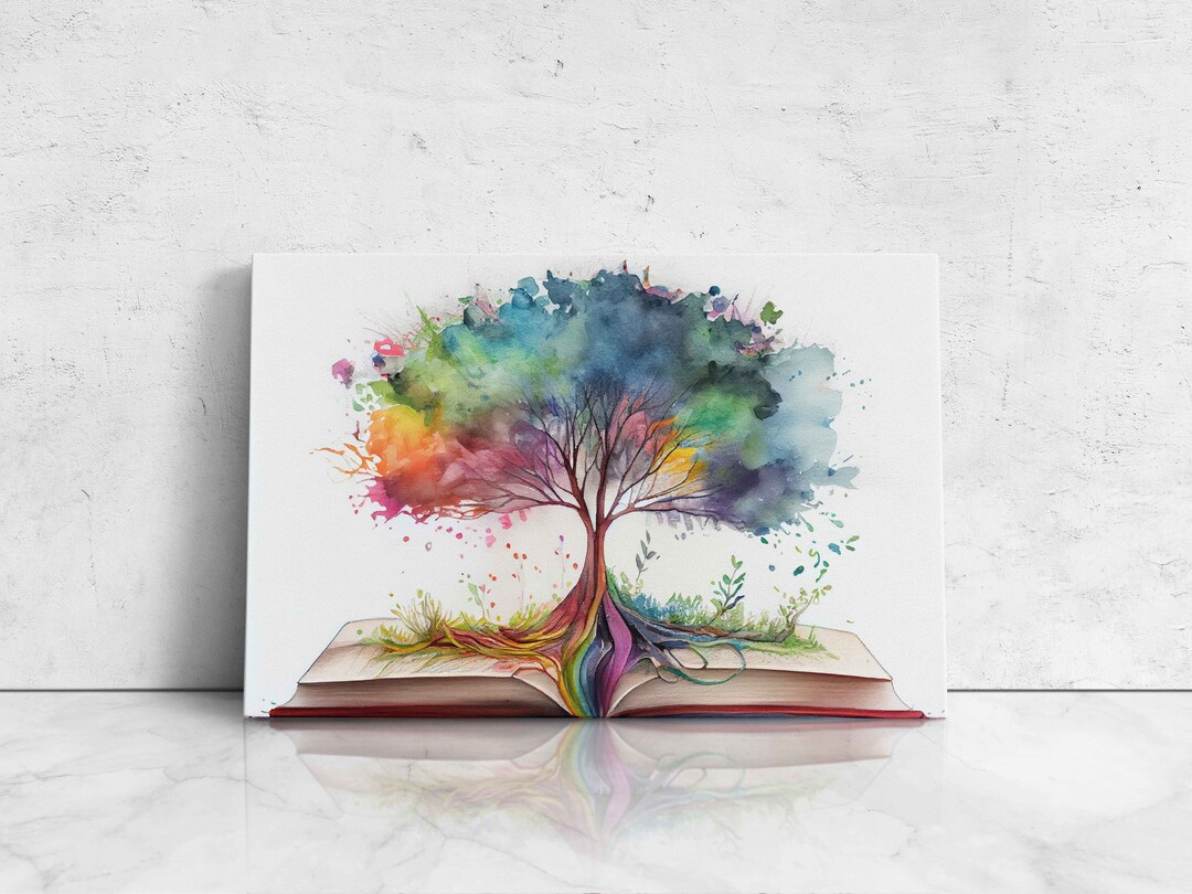 Tree of Knowledge Watercolor Art on Canvas, Ready to Hang, Library ...