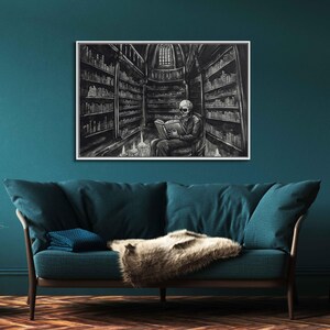 Skeleton in Library Reading by Candlelight Ink Art Painting Wall Art ...