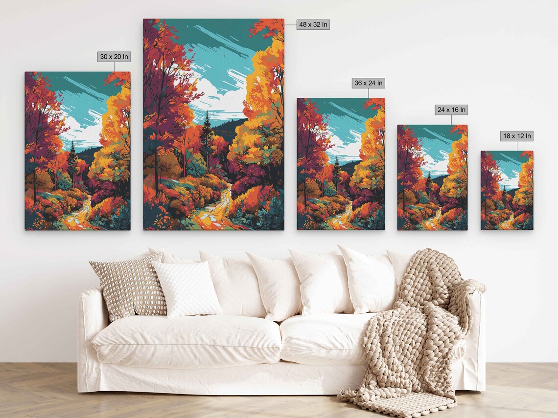 Vibrant Autumn Pop Art Landscape, Digital Illustration on Canvas, Fall ...