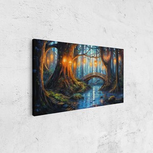 Enchanted Lantern Forest, Wooden Bridge, Blue Pond, Fantasy Art, Canvas ...