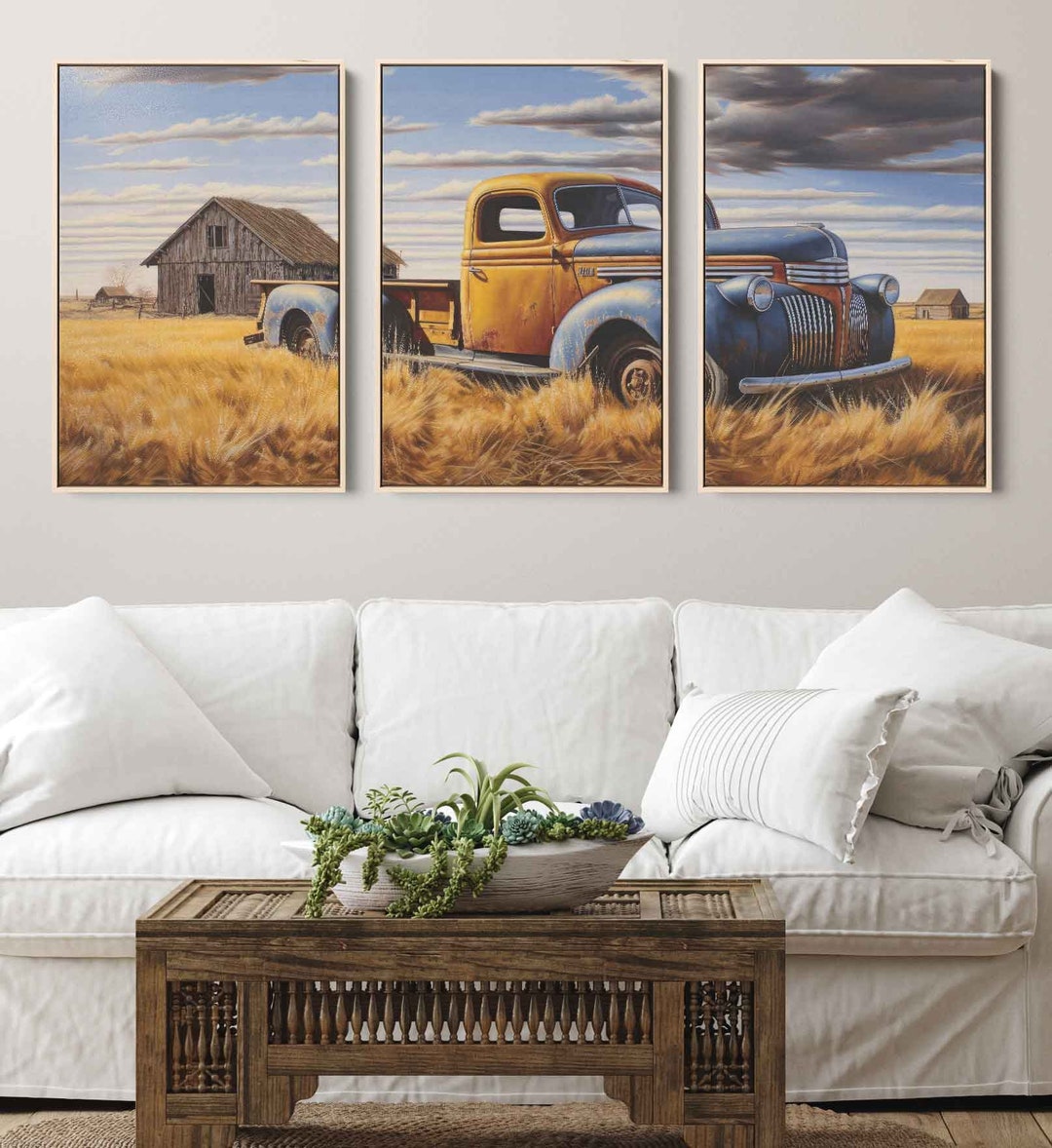 Rustic Farmland Vintage Truck Tryptych Wall Art Canvas Print, Old ...