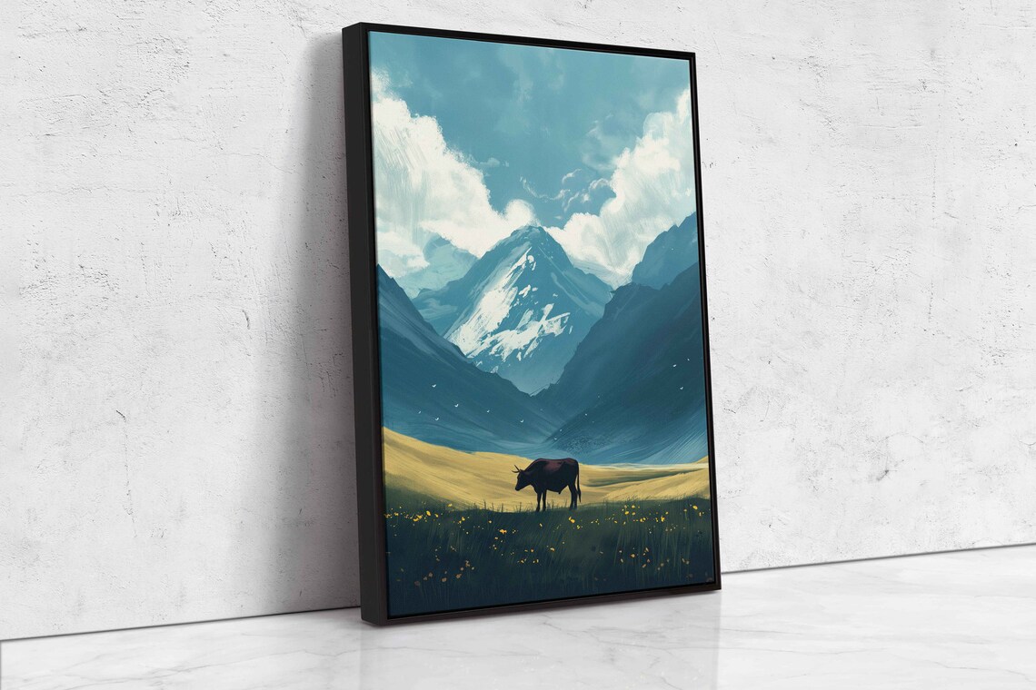 Lone Steer in Grassy Valley Amidst A Snowy Mountain Range Wall Art ...