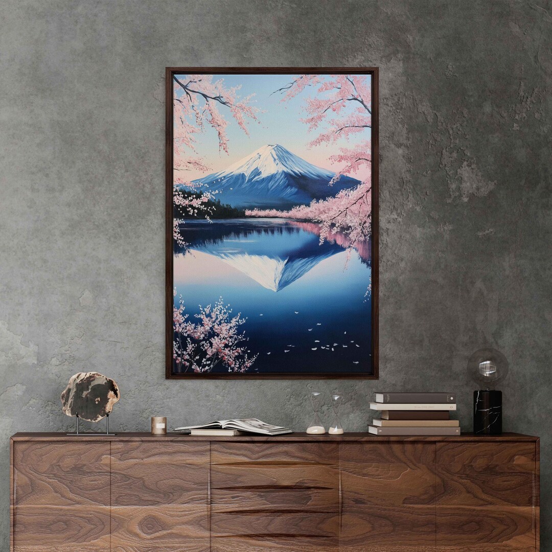 Mount Fuji Reflection, Wall Art Canvas Print, Tranquil Lake, Cherry ...