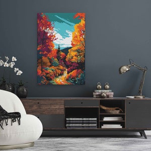 Vibrant Autumn Pop Art Landscape, Digital Illustration on Canvas, Fall ...