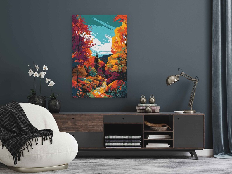 Vibrant Autumn Pop Art Landscape, Digital Illustration on Canvas, Fall ...