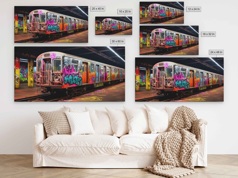Graffiti Tagged Subway Train Wall Art Canvas Print, Vibrant Colors ...