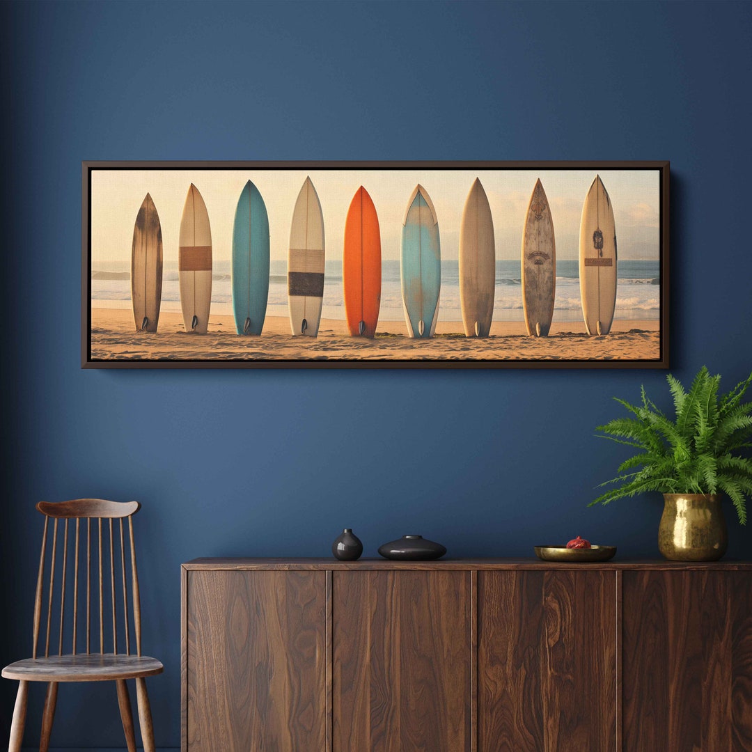 Vintage Surfboards Lined up Along Beach Shoreline Wall Art Canvas Print ...