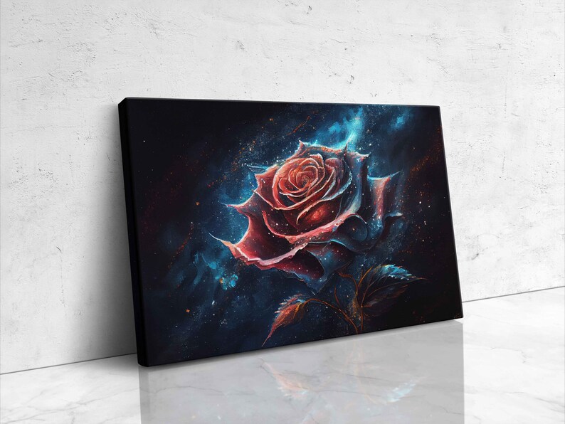 Stunning Oil Painting of A Rose in Space, Fantasy Wall Art, Sparkling ...