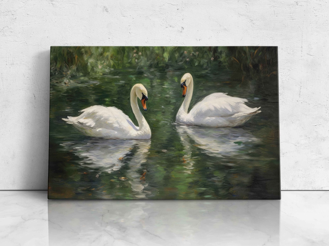 Oil Painting of Two Swans Swimming in A Pond, Digital Print on Canvas, Realistic Reflections ...