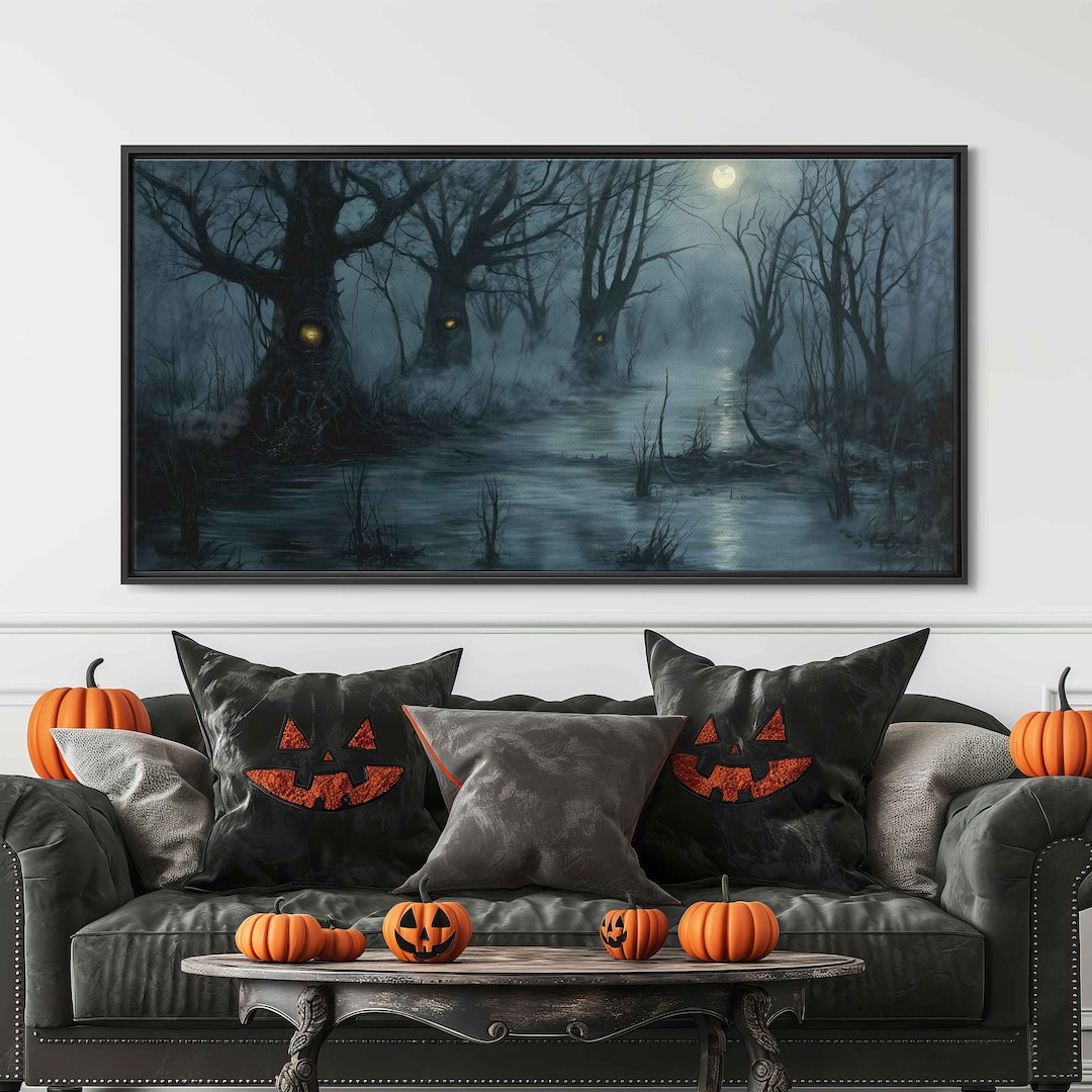 Misty Swamp With Mangled Trees and Glowing Eyes During Foggy Night Wall ...