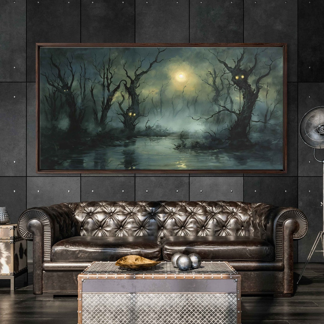 Moonlit Misty Swamp With Twisted Dead Trees and Glowing Eyes Wall Art ...