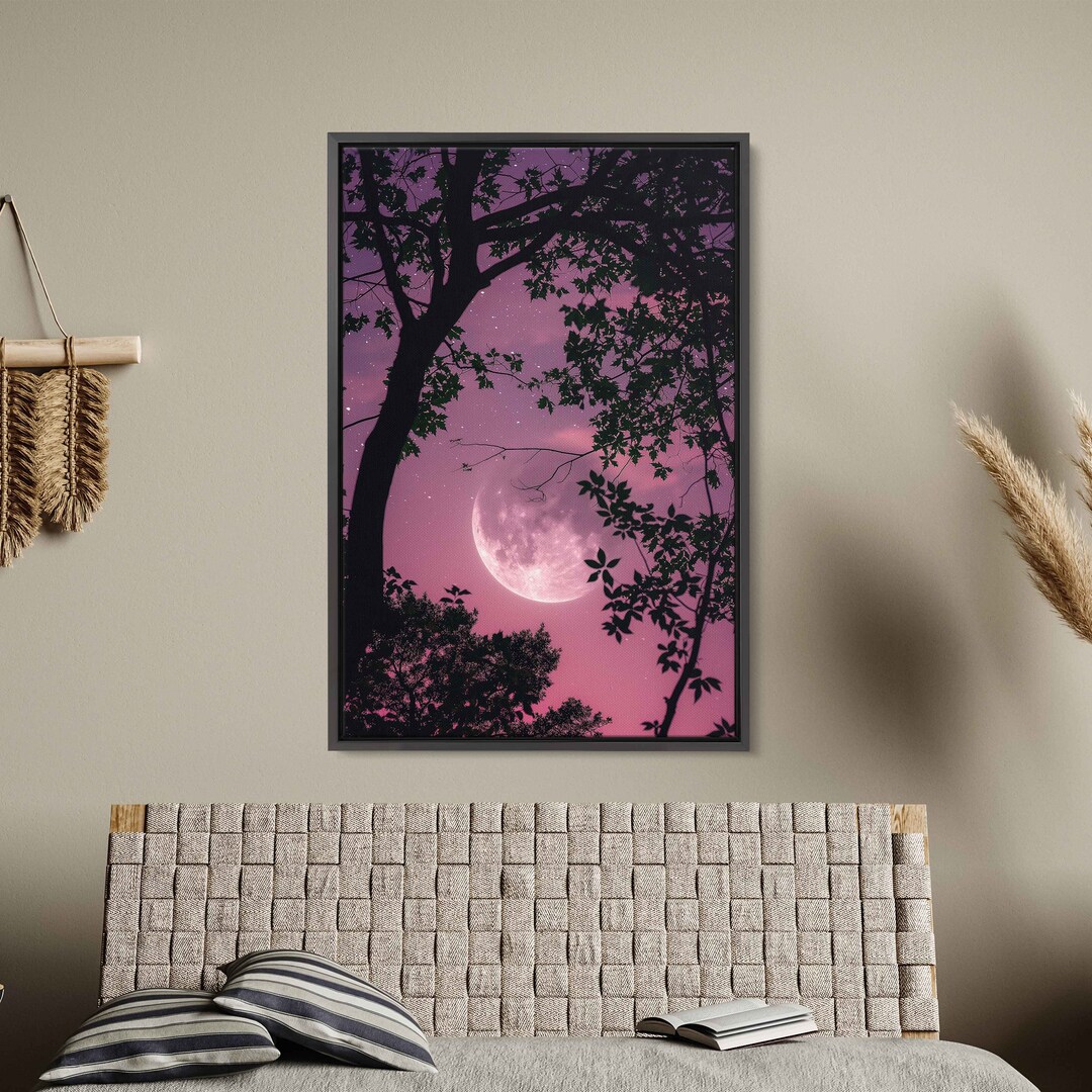 Crescent Moon Shown Through Tree Branches Wall Art Canvas Print ...