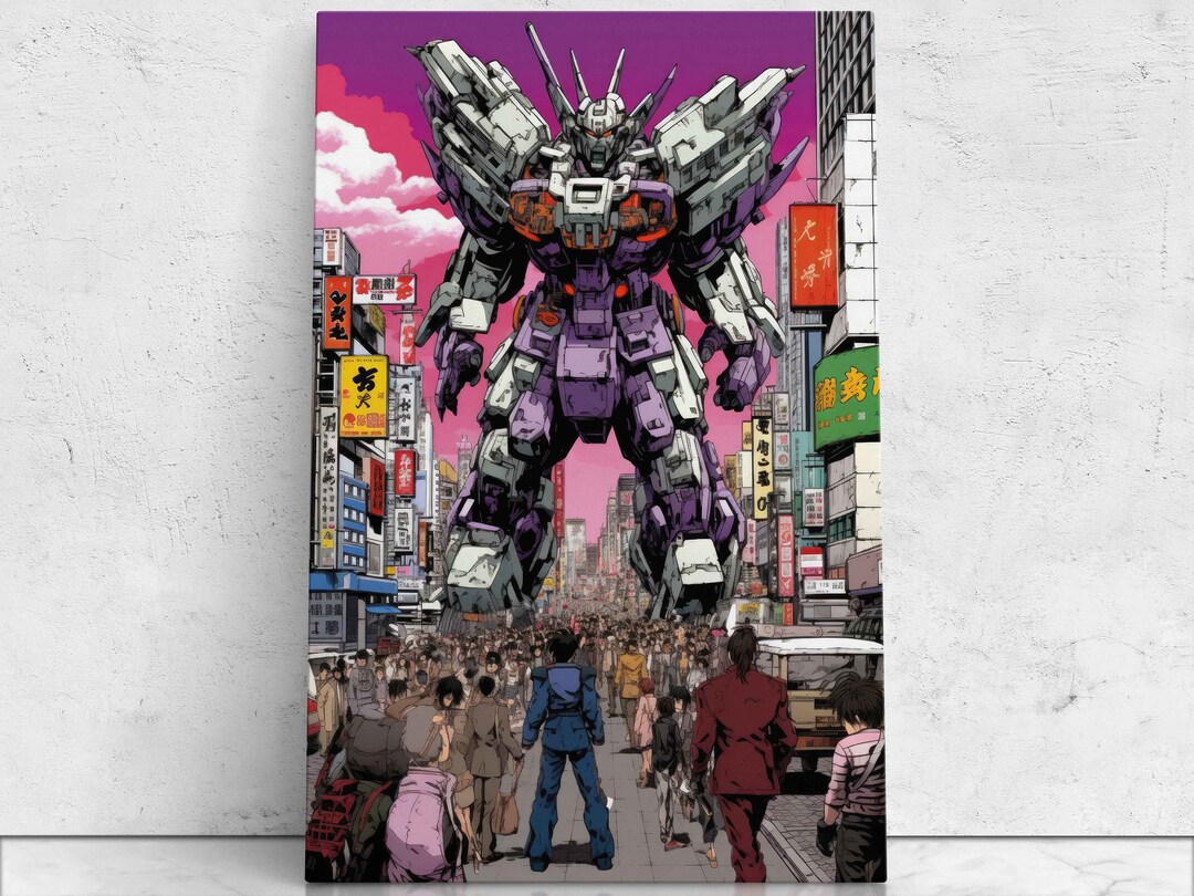 Giant Anime Robot Terrorizing City, Digital Illustration on Canvas ...