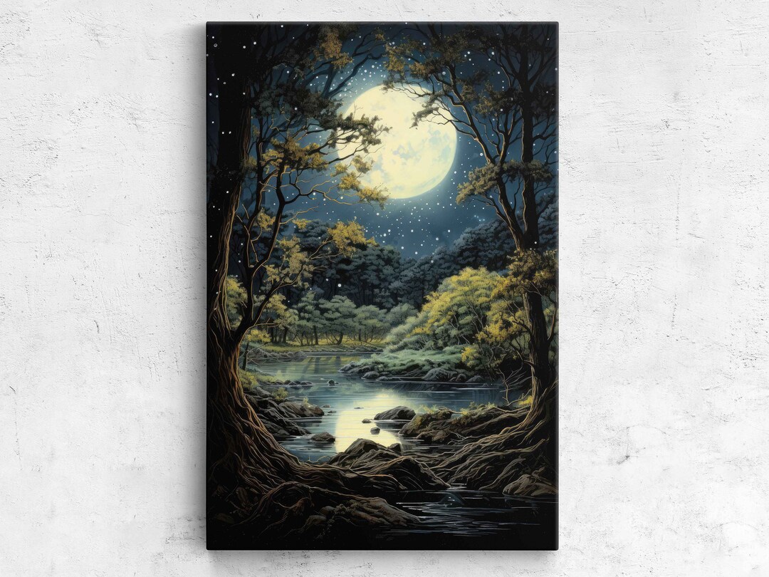 Enchanted Moonlit Forest Acrylic Painting, Framed Canvas Print, Ready ...