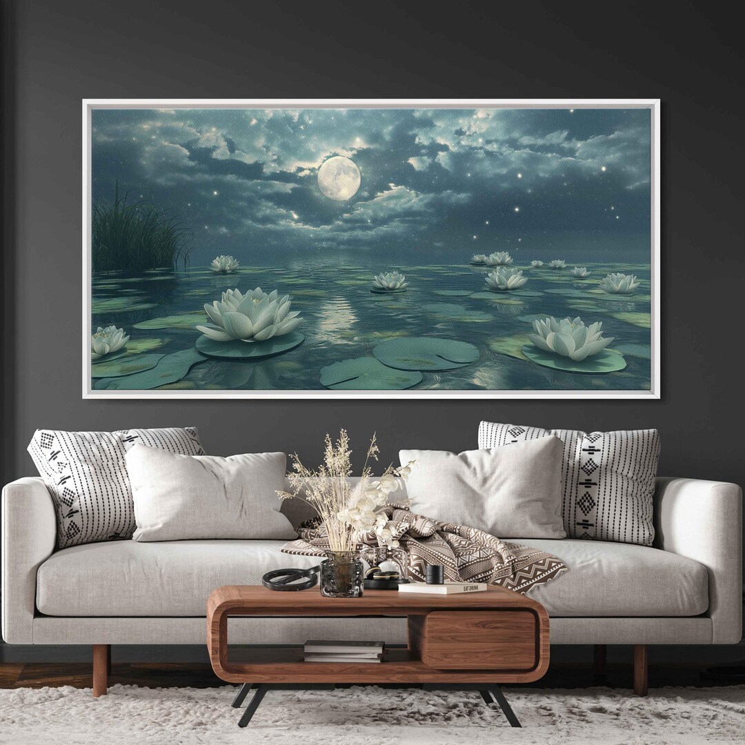 Moonlit Lotus Festival, Wall Art Canvas Print, Serene Lake, Mystical ...