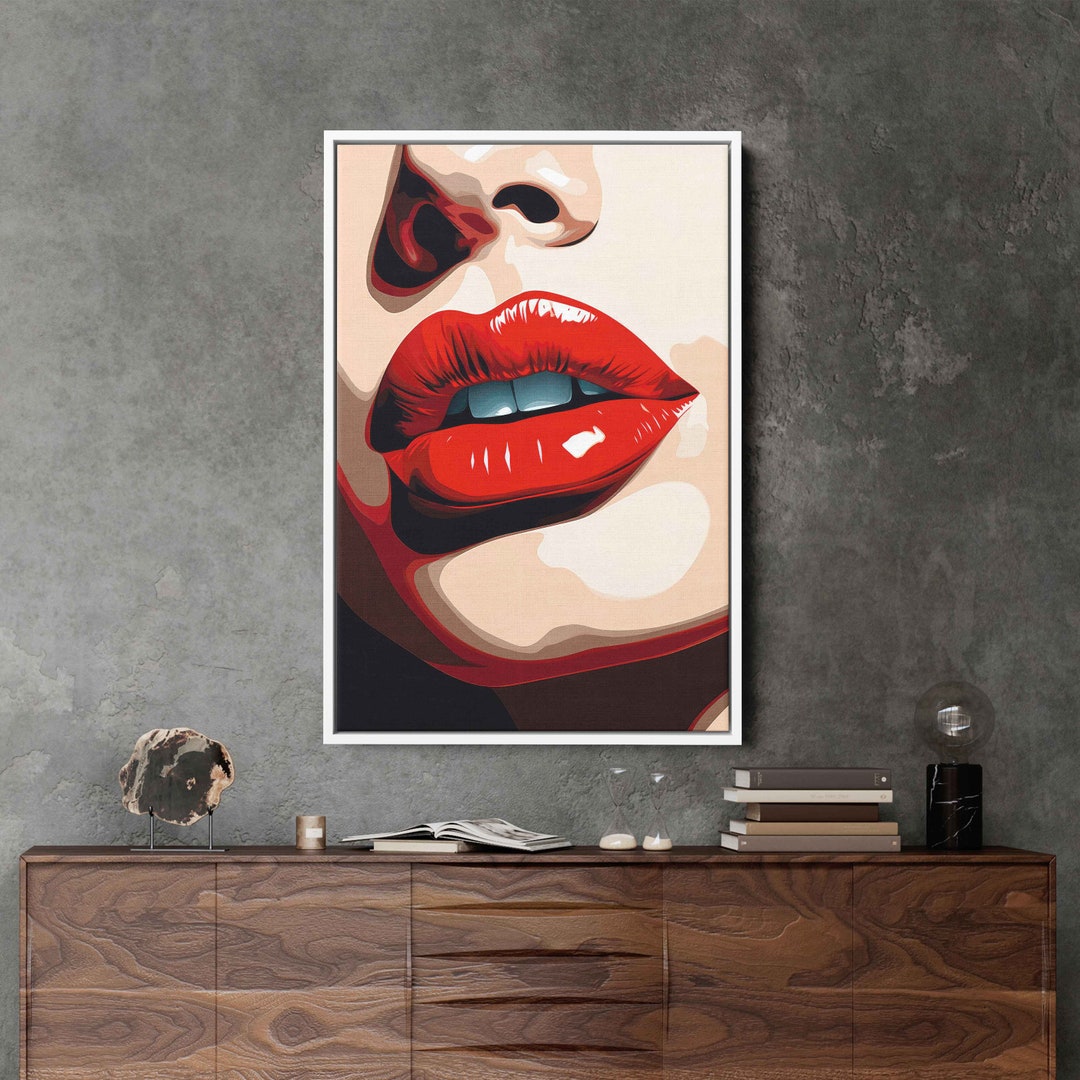 Pop Art Red Lips Digital Painting, Framed Canvas Print, Ready to Hang ...