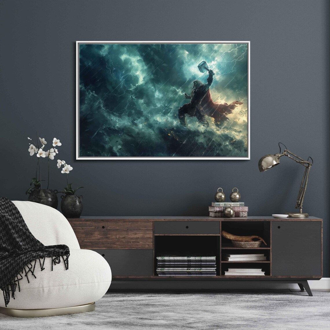 Thor Holding Mjolnir Standing in Stormy Sky Wall Art Canvas Print ...