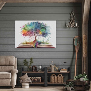 Tree of Knowledge Watercolor Art on Canvas, Ready to Hang, Library ...