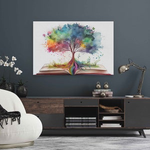 Tree of Knowledge Watercolor Art on Canvas, Ready to Hang, Library ...