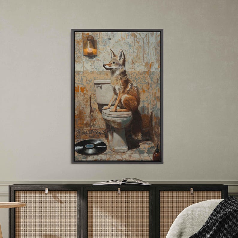 Coyote Sitting on Toilet in Vintage Bathroom Wall Art Canvas Print ...