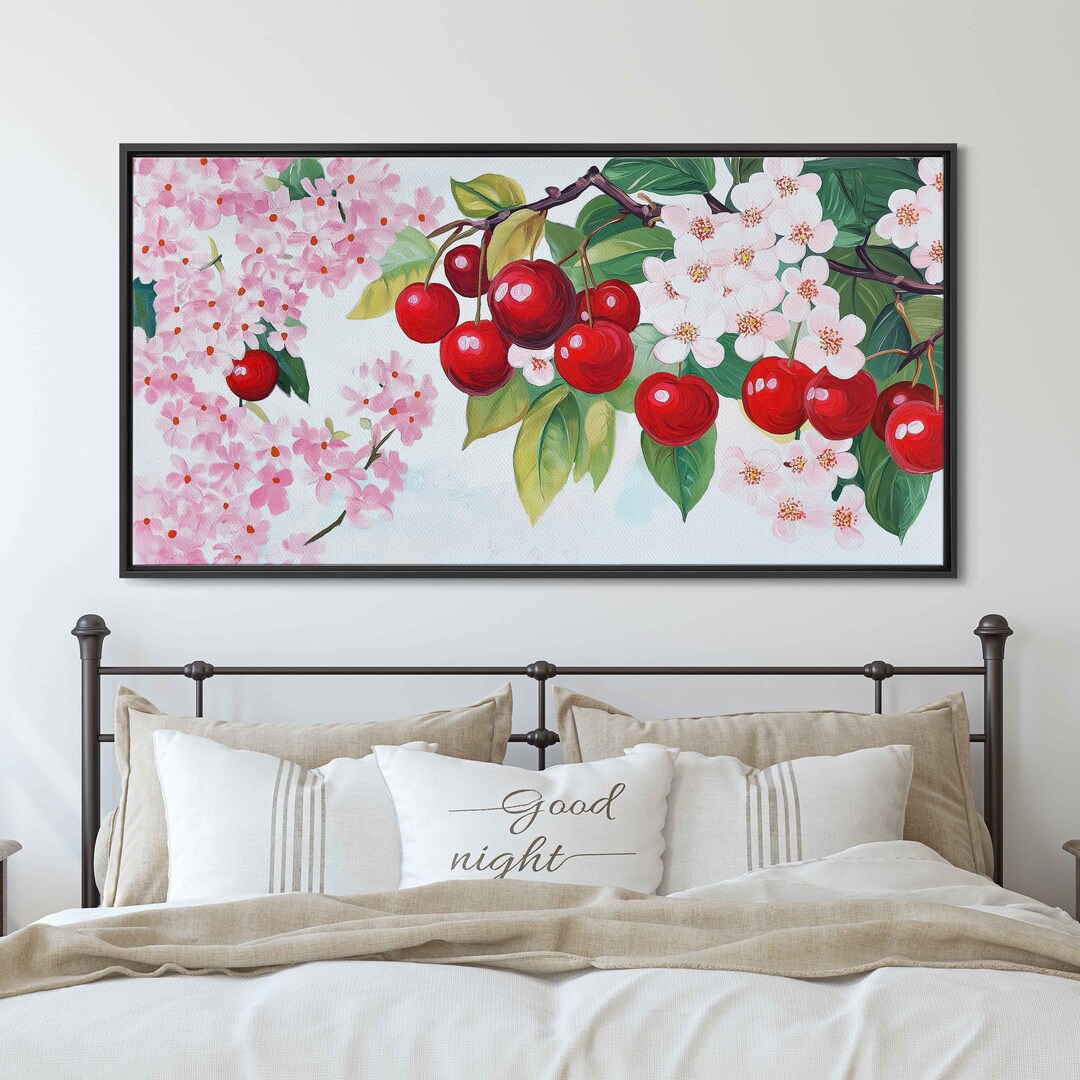 Bright Cherries and Cherry Blossoms Acrylic Wall Art Canvas Print ...