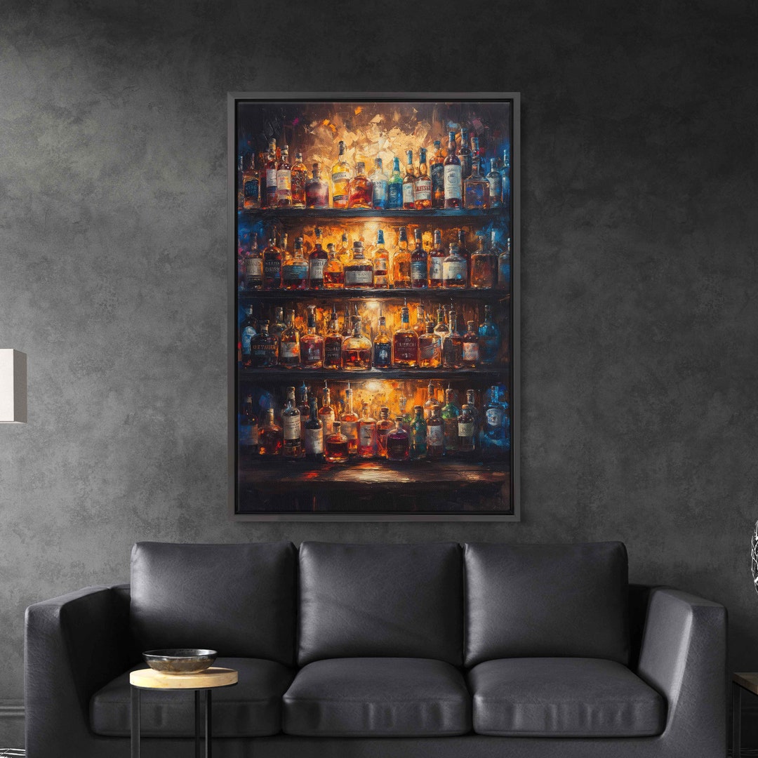 Liquor Bottles Lit up Behind Bar Oil Painting, Wall Art Canvas Print ...