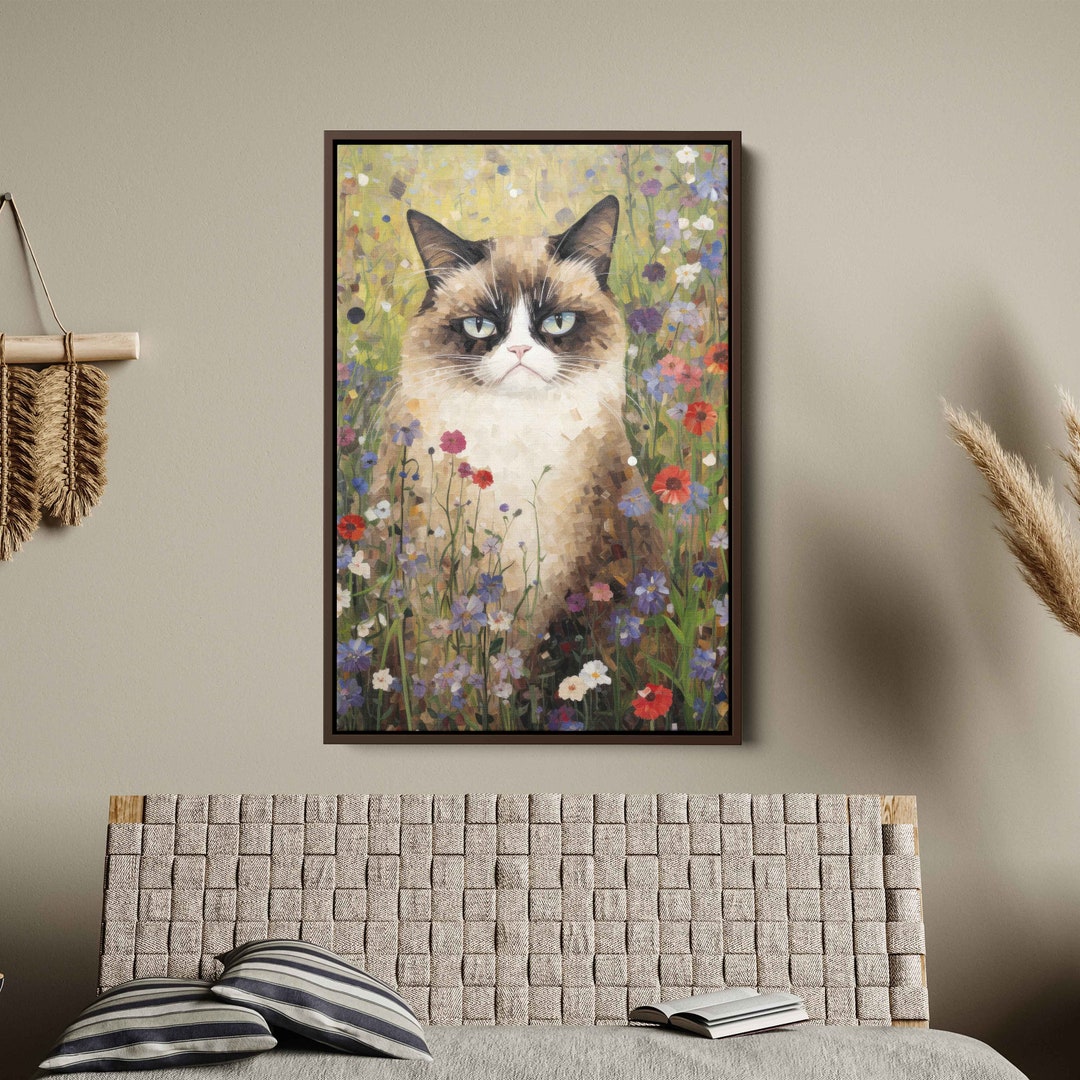Grumpy Garden Cat in Flowers Wall Art Canvas Print, Floral Animal ...