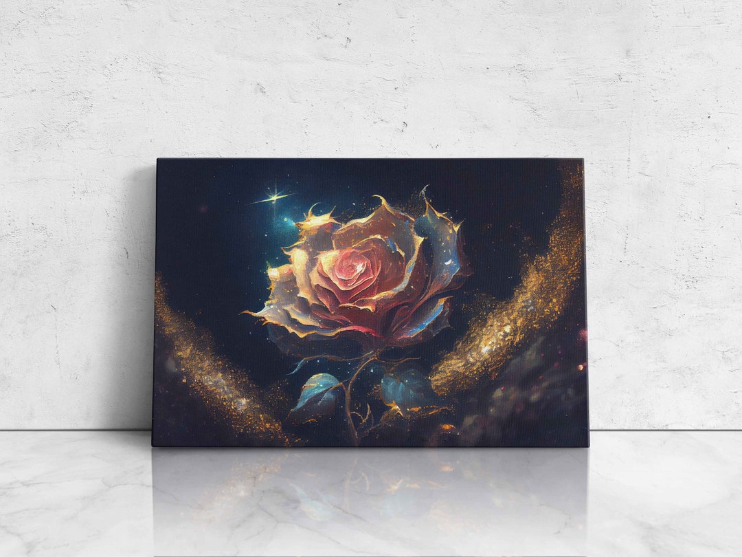 Stunning Oil Painting of A Rose in Space, Fantasy Wall Art, Sparkling ...