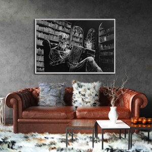 Skeleton in Library Reading Book Ink Art Painting Wall Art Canvas Print ...