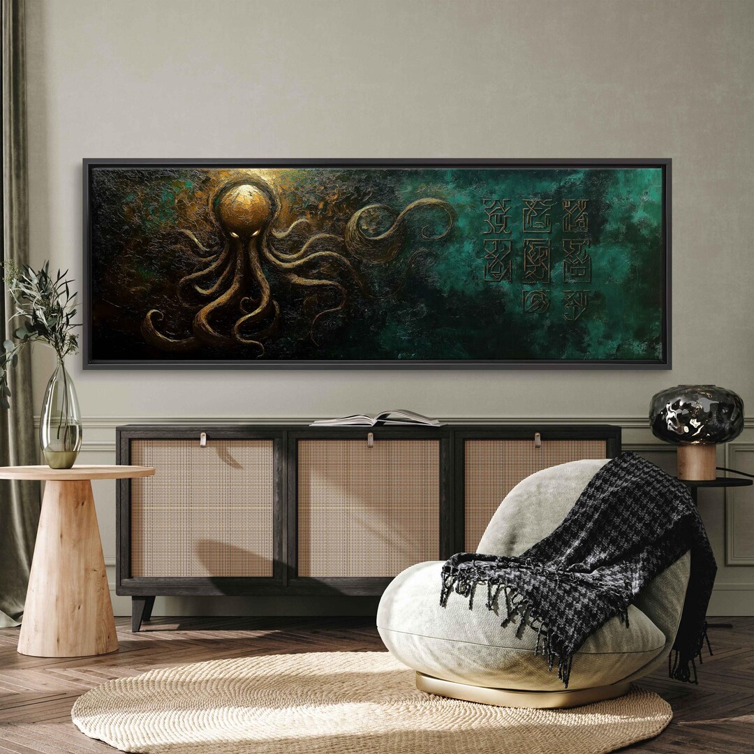 Cthulhu Painting With Ancient Runes, Wall Art Canvas Print, Dark Gold ...