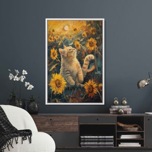 Cat Playing in Sunflower Field Wall Art Canvas Print, Gift for Cat ...