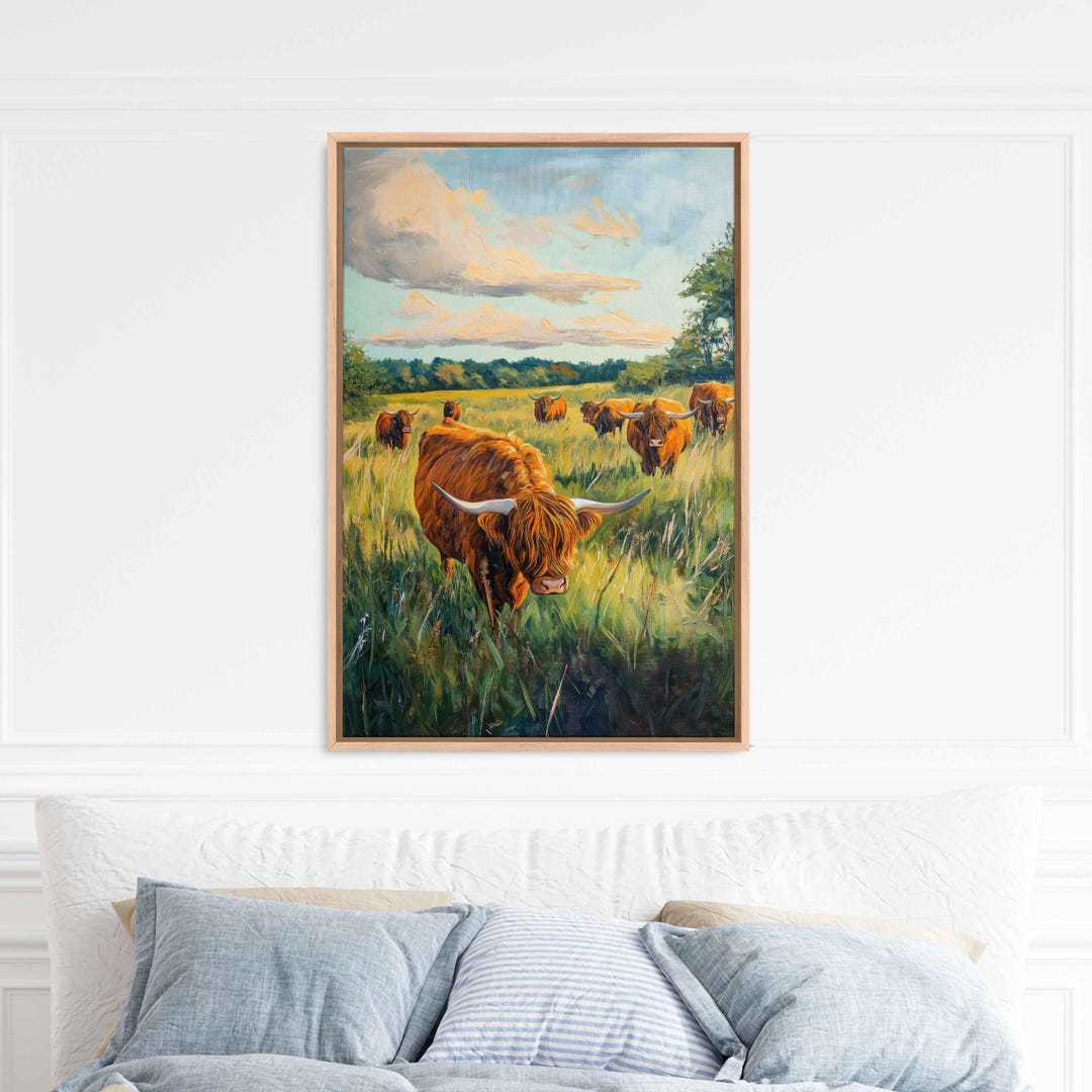 Highland Cows Grazing, Wall Art Canvas Print, Tranquil Meadow Scene ...