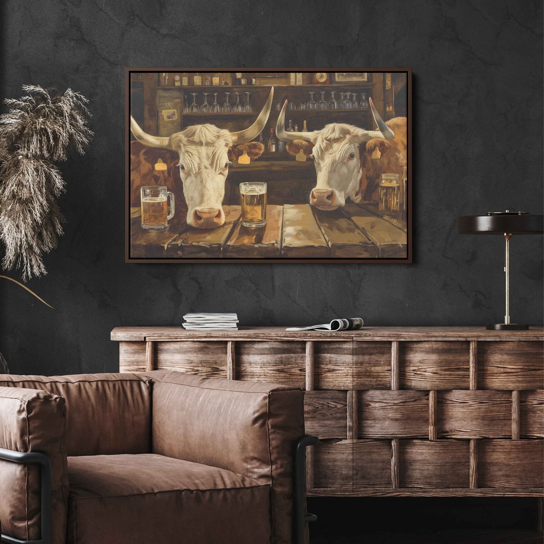 Longhorn Cows Sitting at Bar Wall Art Canvas Print, Drunk Cows, Bar ...