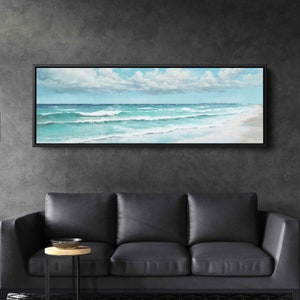 Calm Ocean Waves on Sandy Beach, Cloudy Skies, Panoramic Painting ...