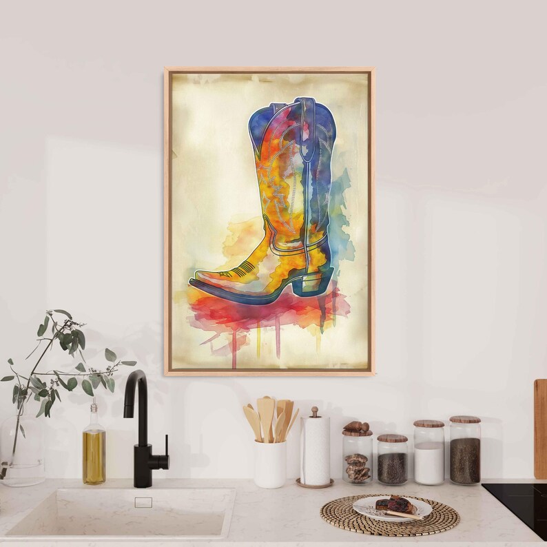 Pop Art Cowboy Boot Watercolor Wall Art Canvas Print, Trendy Painting ...
