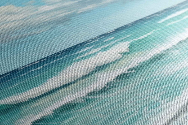 Calm Ocean Waves on Sandy Beach, Cloudy Skies, Panoramic Painting ...