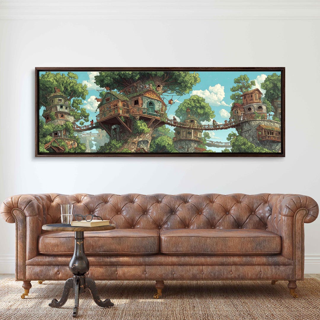 Whimsical Treehouse Village, Wall Art Canvas Print, Colorful ...