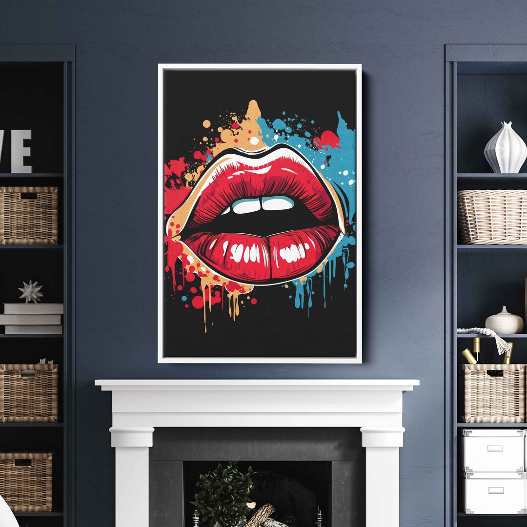 Colorful Pop Art Lips, Paint Splash Wall Art, Framed Canvas Print ...