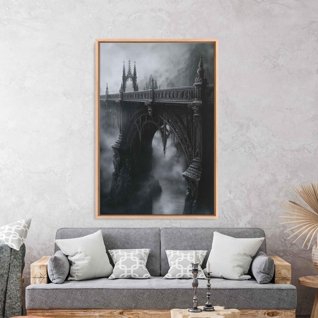 Gothic Style Bridge Over Misty River Ink Art Painting Wall Art Canvas ...