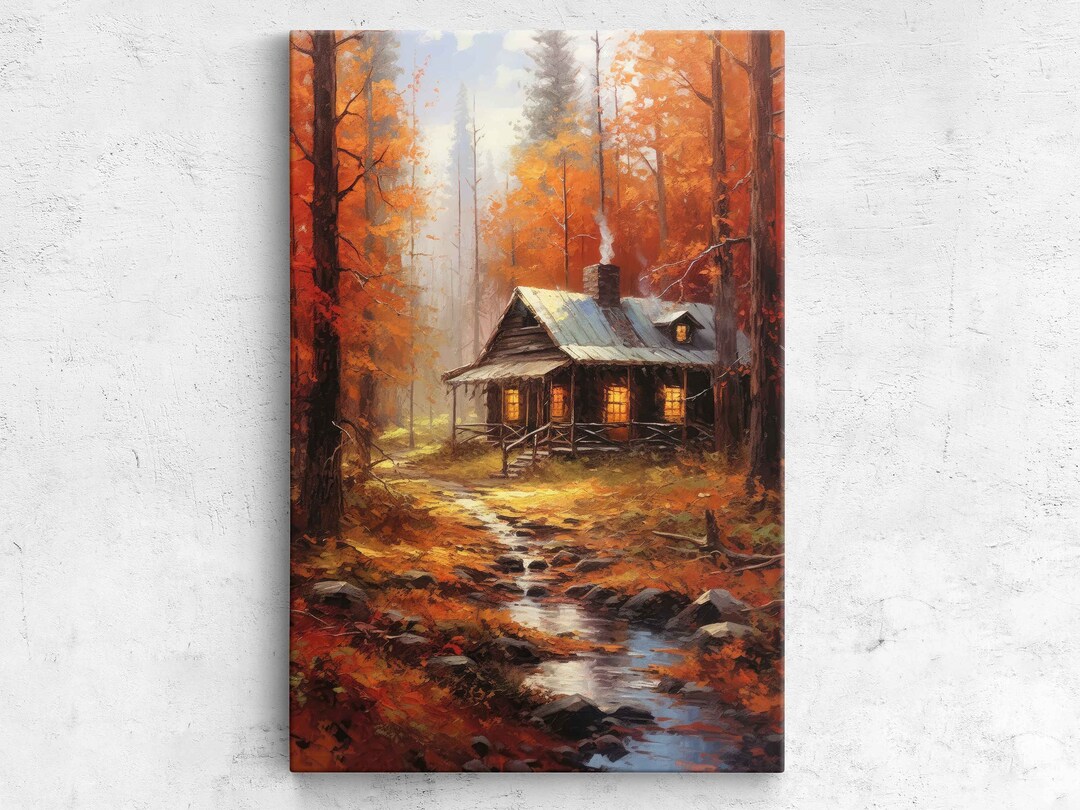 Cozy Autumn Cabin Scene Wall Art Canvas Print, Fall Nature Colors ...